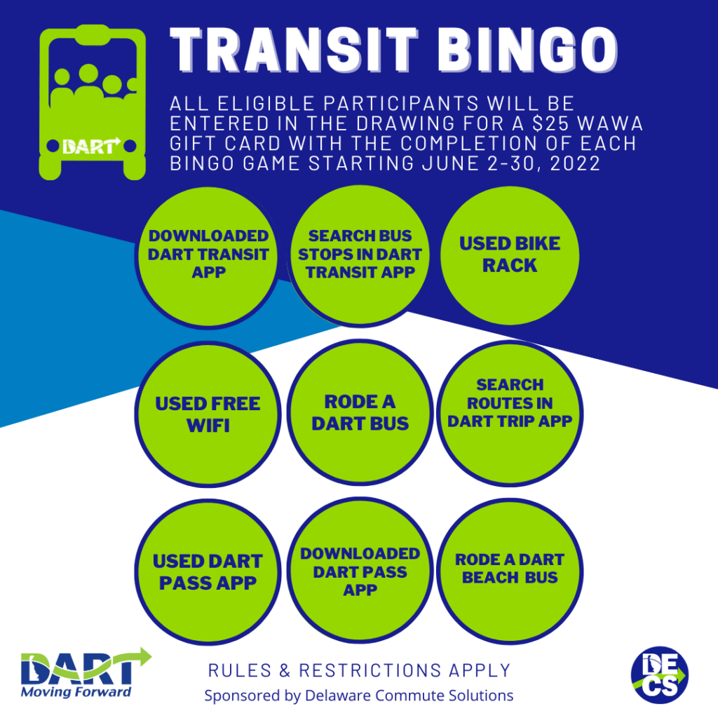 June Transit Bingo 2022 - Delaware Commute Solutions